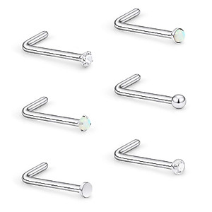 Lcolyoli 22G Stainless Steel Nose Rings L Shaped Stud Piercing Jewelry for Women 1.5mm CZ Opal Ball Inlaid