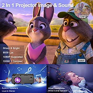 Mini Projector, 1080P Full HD 160” Screen Supported Video Projector, 9000Lux Home Theater Movie Projector Compatible w/Android/iPhone TV Stick HDMI VGA USB AV TF PC Laptop