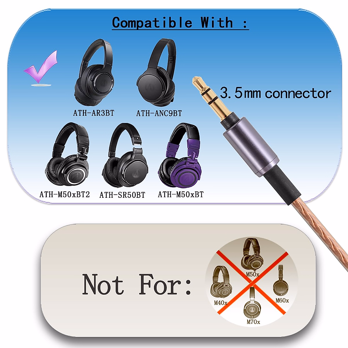 FAAEAL WH-1000XM5 Audio Upgrade Cable,Replacement for Sony MDR-XB950BT WH-1000XM4 XM3 MDR-H600A ATH-M50xBT SR50BT ANC9 Headphones 4.9ft(3.5mm Plug)