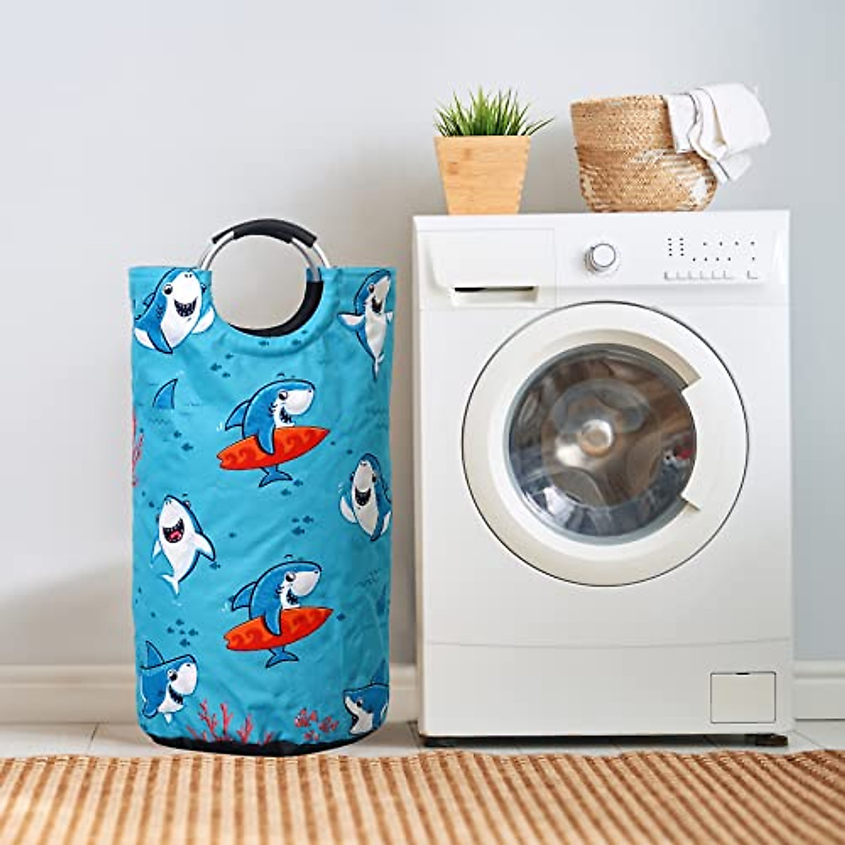 ROOMLINE Laundry Baskets Collapsible Waterproof 82L - Portable Folding Shark Laundry Hamper with Handles - Large Storage Basket for Bedroom Laundry Room Dorm Organization - Blue