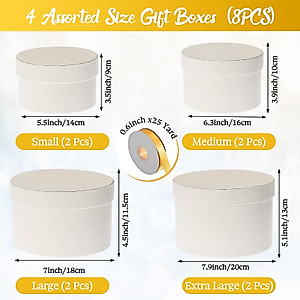 Tenceur 8 Pcs Round Gift Boxes with Lids for Presents Velvet Nesting Gifts Box Arrangements Flowers Boxes 4 Assorted Sizes with 1 Roll Ribbon for Valentine‘s Day Wedding Birthday Party(White)