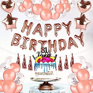 Birthday Decorations Party Balloons Banner - 72 Pcs Rose Pink Confetti Heart Star Foil Happy Birthday Balloon Backdrop Supplies with Tassels Flowers for Women Girls Kids Baby