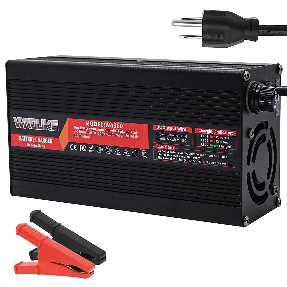 14.6V 20A Charger 12V 20A LiFepo4 Smart Charger DC Output Connector Alligator Clip Used for 4S 12V LiFepo4 Battery Pack with Cooling Fan