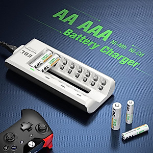 EBL 8-Bay Battery Charger with AA Rechargeable Batteries 2500mAh (10 Pack- 5 Color in One Box)