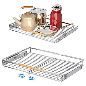 Benzoyl Pull Out Cabinet Shelf, Heavy Duty Under Sink Slide Out Cabinet Organizer, Anti Rust Kitchen Organizer Basket, Smooth Roll Expandable Sliding Drawer, 2 Pack Chrome 16.1~26.6''