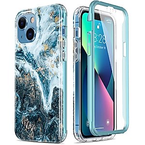 Esdot for iPhone 13 Case with Built-in Screen Protector,Military Grade Rugged Cover with Fashionable Designs for Women Girls,Protective Phone Case 6.1" Opal Marble Teal