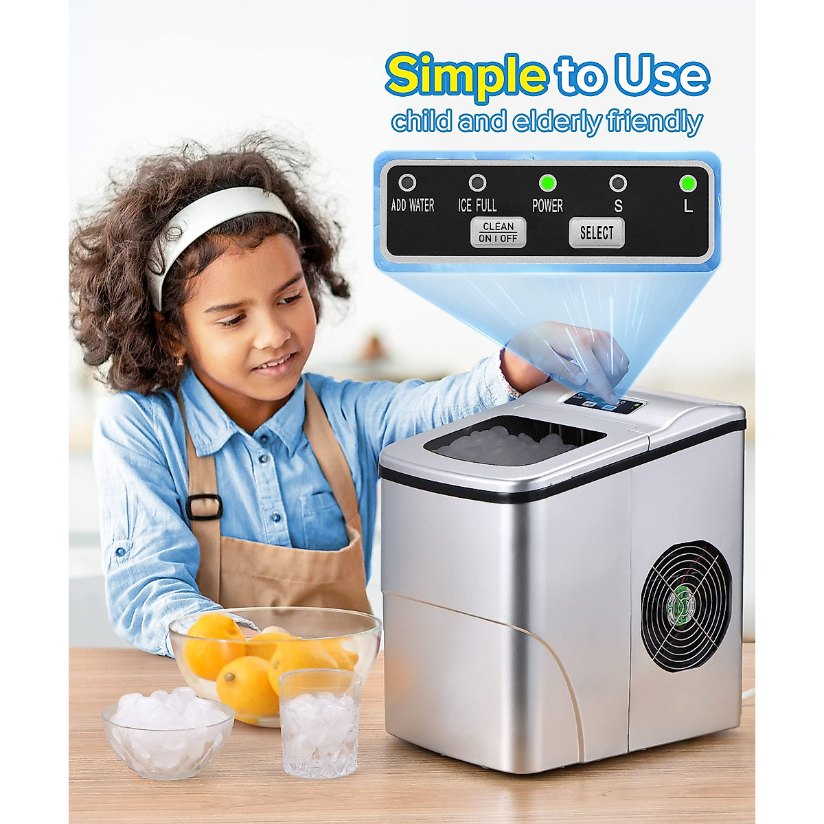 26Lbs Ice Maker Countertop, 9 Ice Cube Ready in 6 Mins, 26Lbs/24H, Self-Cleaning Ice Maker Machine, 2 Sizes Ice Cube Portable Ice Maker, Ice Scoop/Basket/Hook/5pcs Ice Bags, for Home Camping Party RV