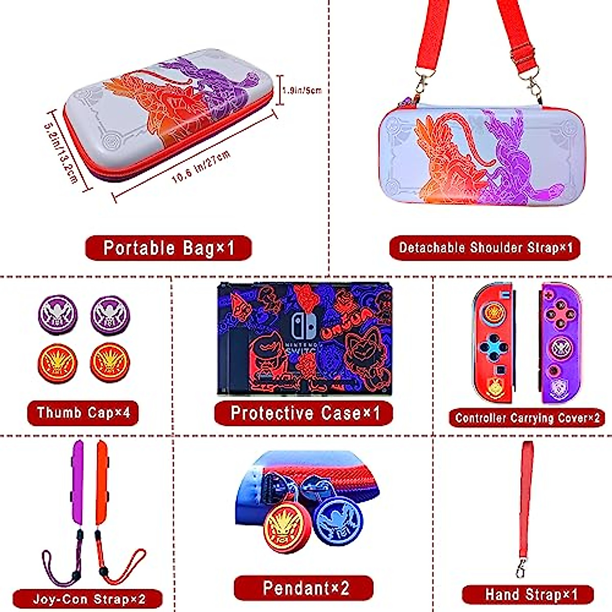 KERESLINA 5in1 Scarlet/Violet Switch Case for Nintendo Switch Carrying Case& Accessories Bundle+Thumb Grip Caps+Protective Case+Dockable Case+Joy-Con Wrist Strap