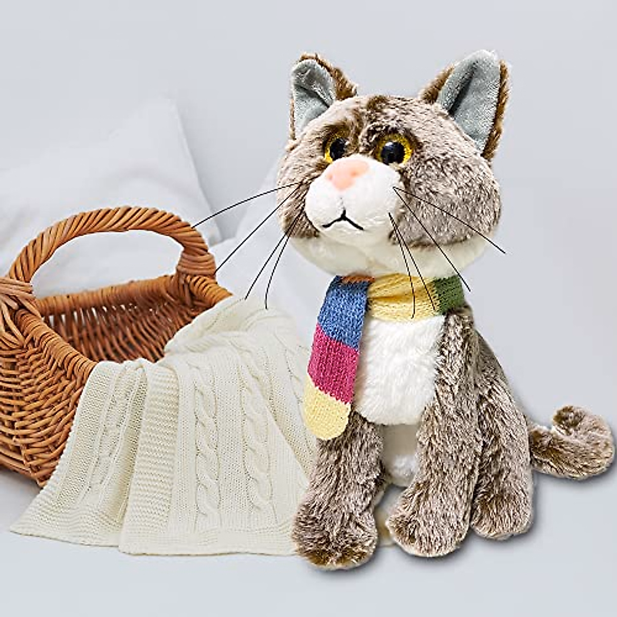 WEWINYTQ Cuddly Deluxe Cat Plush Toy, Soft Kitten Stuffed Animal Kitty Doll Toy Gifts for Kids Children’s Day, Birthday, Valentine, Christmas White and Brown –10 inch
