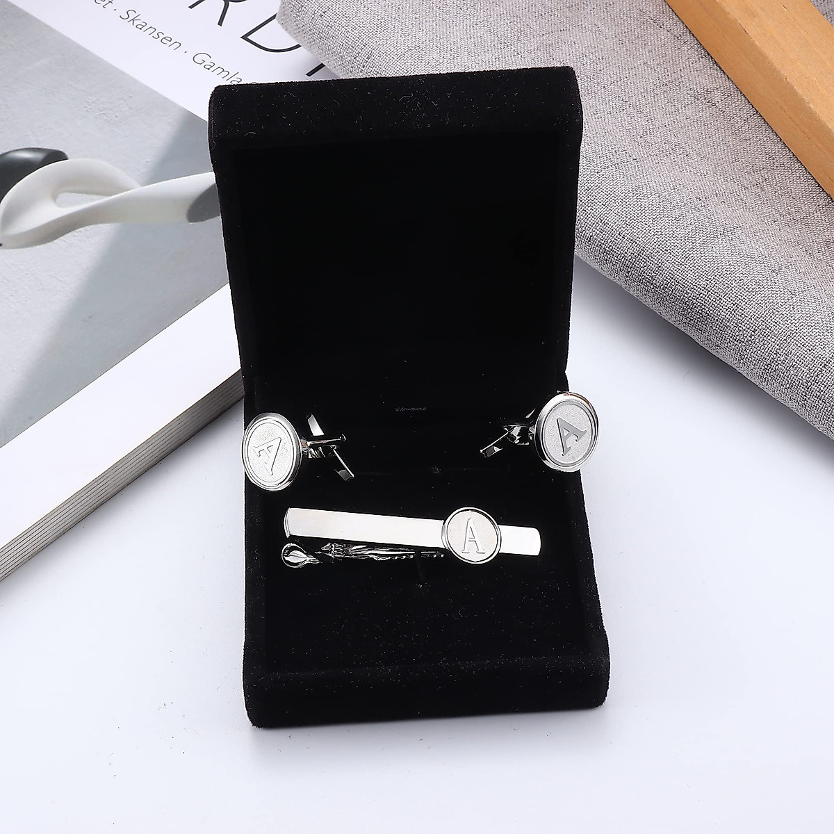 THUNARAZ Initial Cufflinks and Tie Clip Set for Men Personalized Alphabet A-Z Cuff Links and Tie Bar with Gift Box for Business Wedding Shirts Suits