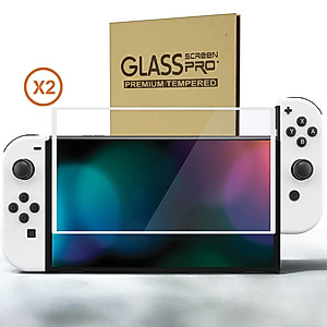 playvital White Border Tempered Glass Screen Protector for Nintendo Switch OLED, Anti-Scratch Transparent HD Clear Protector Film for Switch OLED - 2 Pack Included