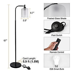 Industrial LED Floor Lamp with Hanging Frosted Glass Shade, Modern Standing Lamp with Smart Bulb, Remote Control, Dimmable, Tall Pole Lamp for Bedroom Living Room Office Farmhouse, Matte Black