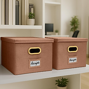 Decorative File Box Organizer Set of 2 - Collapsible Linen File Cabinet for Easy File Folder Storage - Store All Your Documents and File Folders in Style