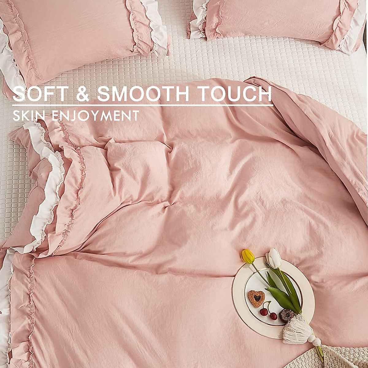 Wotcsil Pink Ruffle Bedding Set for Women Girls Ruffled Full Duvet Cover Set Plain Duvet Cover Shabby Chic Double-Layer Frill Edge Design with Pillowcases, White Pink