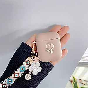 Ownest Compatible for AirPods Case Soft TPU with Gold Heart Pattern Cute Fruit Flowers Keychain Shockproof Cover Case for Girls Woman Airpods 2 &1-Brown Floral