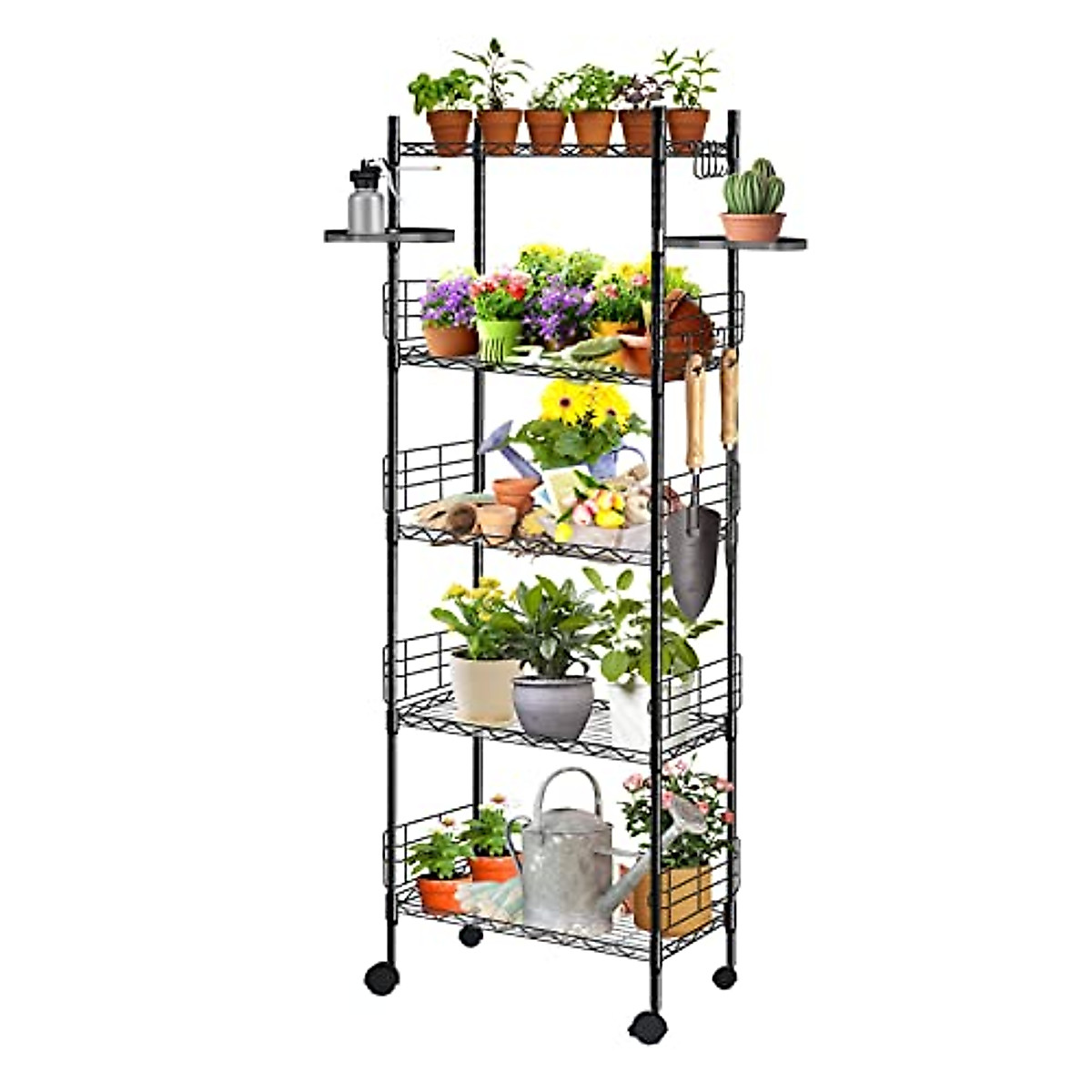 Hestiasko 5 Tier Storage Shelf with 2 Rotatable Shelves, Adjustable Storage Rack with 5 Hooks, Metal Shelf Rack, Standing Shelving Units for Bathroom, Kitchen, Garage[59.1"H x 21.7"W x 11.8"D]-Black
