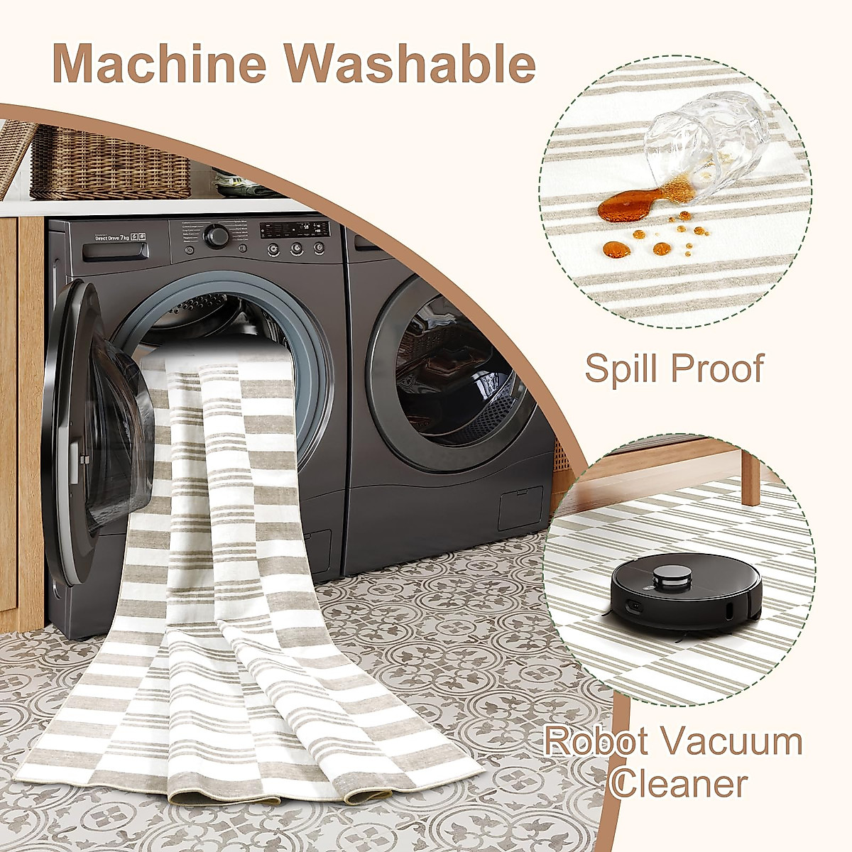 LIVEBOX Machine Washable Area Rugs 5x7 - Soft Checkered Modern Rugs for Bedroom, Non-Slip Neutral Rug for Living Room, Low-Pile Farmhouse Rug for Dining Room Office Hall, Tan/Beige