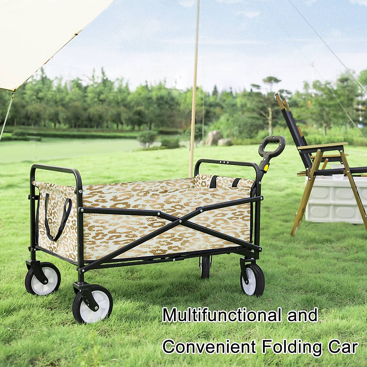 Outdoor Collapsible Wagon Fashion Seamless Gold Leopard Fur Texture Animal Skin Print White Camping Shopping Garden Cart Heavy Duty Wagon Adjustable Portable Utility Folding Wagon with Wheels