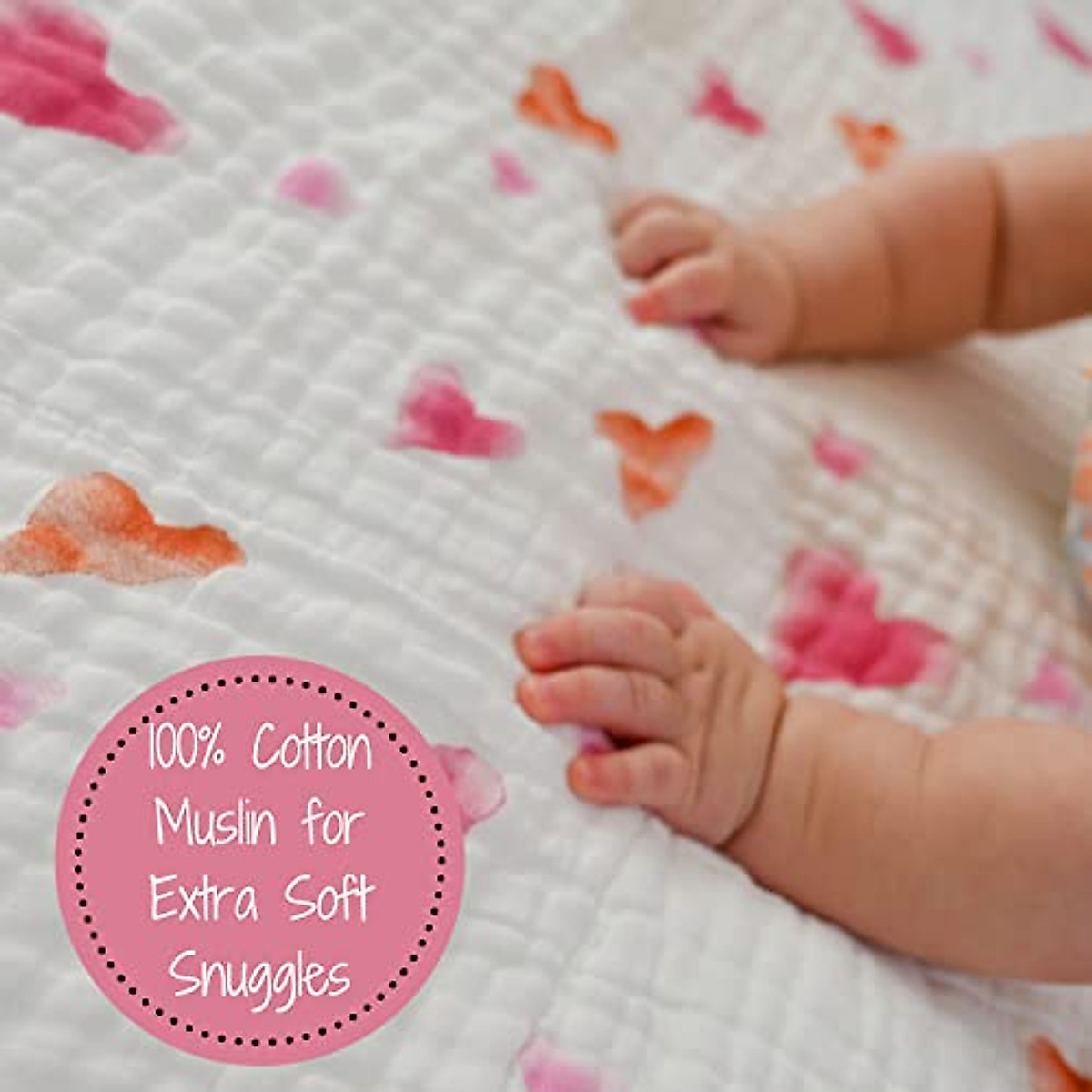 LollyBanks Muslin Baby Quilt 100% Cotton, 6 Layers Soft Baby Blankets for Girls, Large 47 x 47 Inches Baby Receiving Blankets, Durable Baby Bedding, Newborn Essentials, Registry (Heart Print)