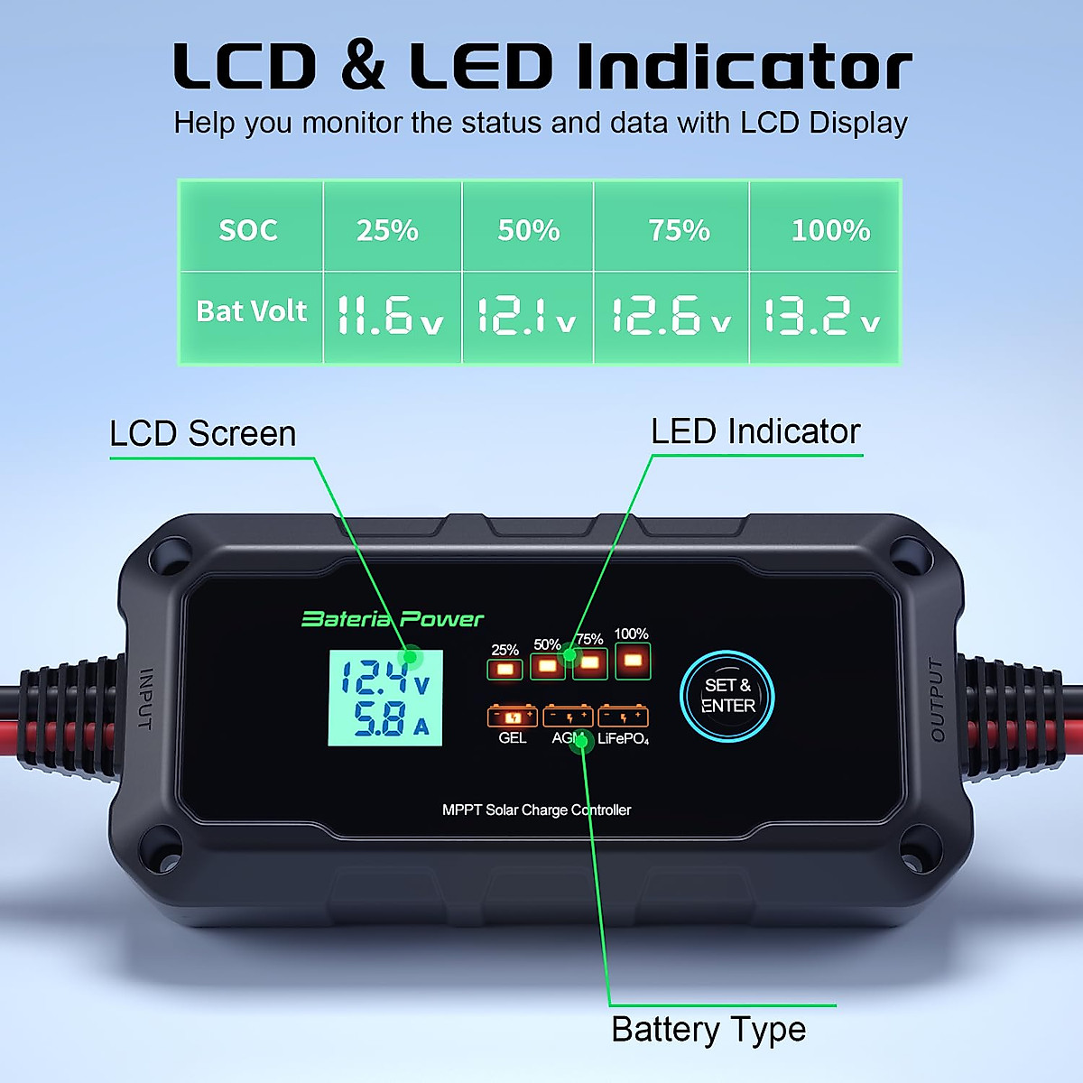 Bateria Power 10A 12V MPPT Solar Charge Controller, Intelligent Solar Panel Regulator with LED and LCD Display, Compatible with Sealed Flooded Gel AGM Lithium LiFePO4 Battery