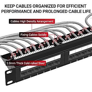 AMPCOM Premium Series CAT6 24 Ports Patch Panel, Rack Mount - 1U, 19 inch, RJ45 Ethernet 568A 568B, 15u Gold Plated, with Rear Cable Support Bar
