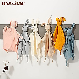 insular Bunny Lovey Blanket for Boys and Girls, Organic Cotton Muslin Security Blanket for Babies, Soft Breathable Lovie Soothing Towel for Newborn and Infant, 2 Pcs Set (Khaki&Pink)