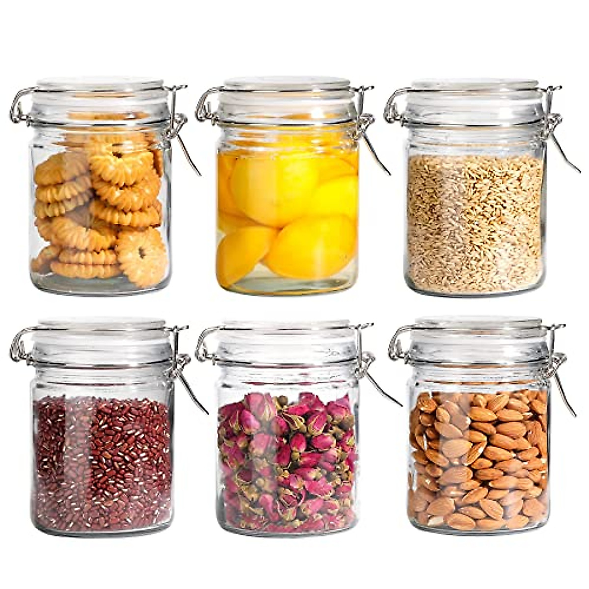 ComSaf Airtight Glass Canister with Lid Set of 6, 25oz Food Storage Jar, Storage Container with Seal Wire Clamp Fastening for Kitchen Fermenting Preserving Canning Pasta Flour Cereal