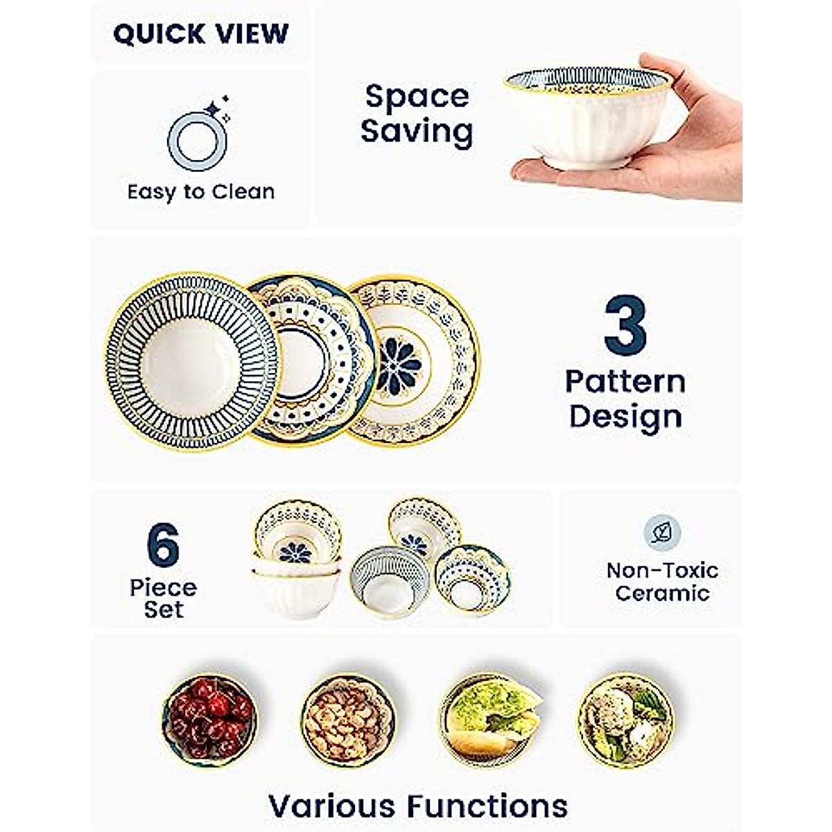 SULIVES Small Ceramic Bowls for Kitchen - 10OZ Cereal Bowls Set of 6, House-warming Gift - Mini Soup Bowls & Dessert Bowls, Serving Bowls for Ice Cream, Rice, Dipping, Side Dishes