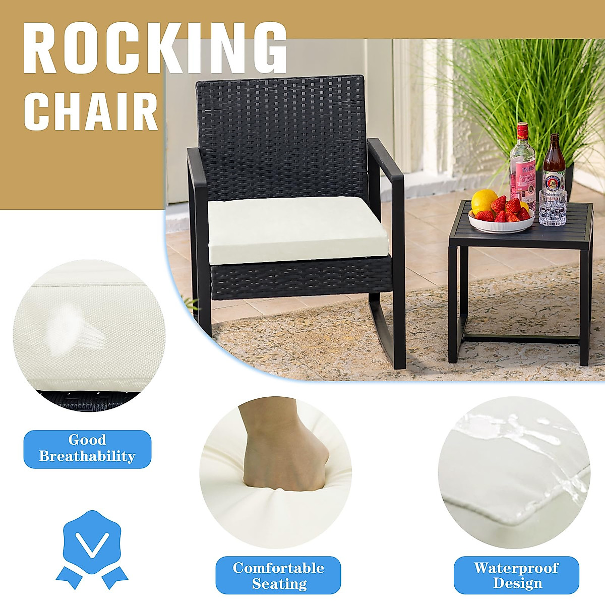 WWR 3 Pieces Outdoor Patio Furniture Set Wicker Rattan Chair Set Patio Bistro Conversation Set 3 Pcs with Coffee Table for Yard & Bistro (Sand)