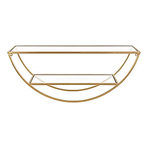 Kate and Laurel Tancill Modern Wall Shelf, 26 x 11, Gold with Clear Glass, Chic Two-Tier Half-Circle Shelf for Wall