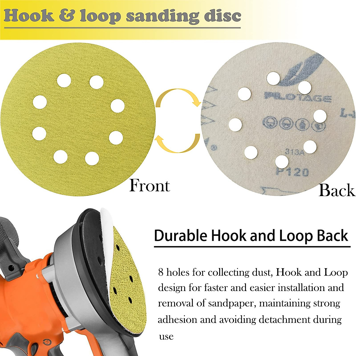 M-jump 100 Pack 5 Inch Sanding Discs, 120 Grit Hook and Loop Sandpaper for Woodworking or Automotive, 8 Hole Gold Premium Dustless Random Orbit Sandpaper