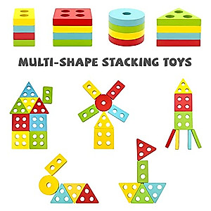Montessori Toys for 1 2 3 Year Old Boys Girls Gifts, Wooden Sorting and Stacking Toys for Toddlers 1-3, Educational Learning Toys for Preschool Kids, Color Recognition Shape Sorter Puzzles for Baby