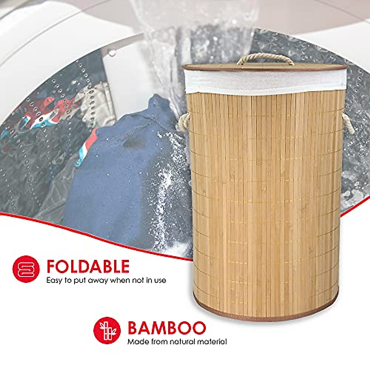 Home Basics Foldable Bamboo Laundry Basket Hamper (Round, Natural)