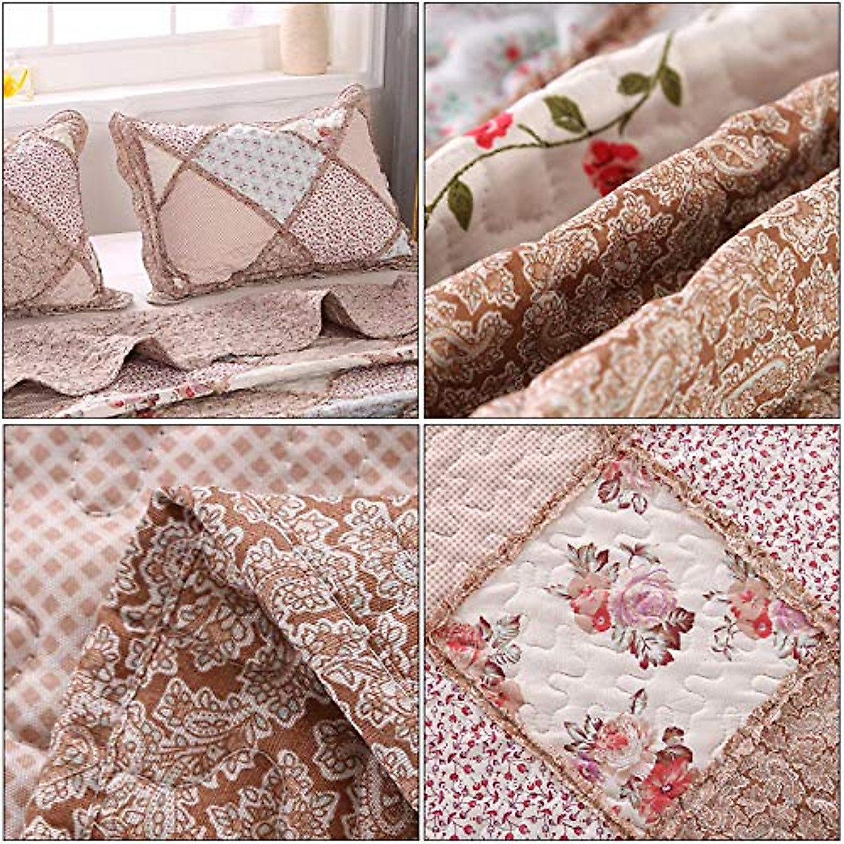VIVILINEN Patchwork Quilt Set Full Queen Size 3-Piece Pink Floral Reversible Quilted Bedspread Coverlet Set Lightweight Stitched Comforter Bedding Set Bed Sheet Set Cover Blanket with 2 Pillow Shams