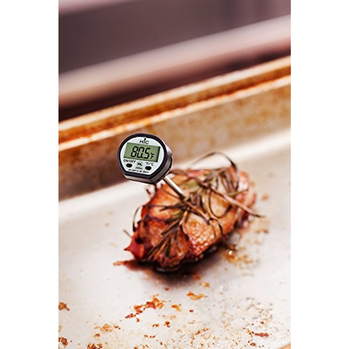 HIC KItchen Roasting Instant-Read Digital Meat Thermometer, Shatterproof LCD Display, Stainless Steel with Protective Sheath and Internal Temperature Chart