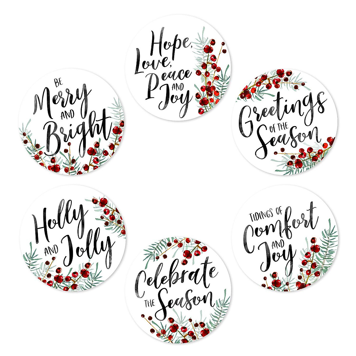 Holly Berry Holiday Stickers / 500 Greenery Greeting Card Envelope Seals / 6 Alternating Watercolor Christmas Sticker Designs / 1.5" Rustic Christmas Labels