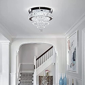 Cainjiazh 11.8" Dimmable Crystal Chandelier Crystal Ceiling Light Modern Crystal Chandeliers Flush Mount Ceiling Light Lamp Fixture for Dining Room Living Room Bedroom Hallway Remote Control