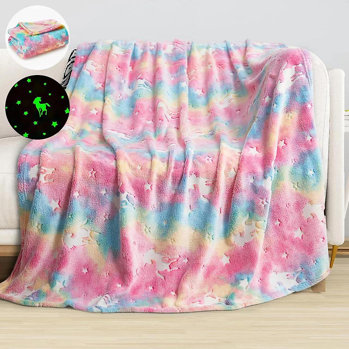 Glow in The Dark Throw Blanket, Luminous Unicorns Blanket for Boys Girls, Super Soft Fuzzy Plush Flannel Furry Fleece Blanket, Perfect for Bed or Sofa, Personalized Kids Gifts (Rainbow, 50" x 60")