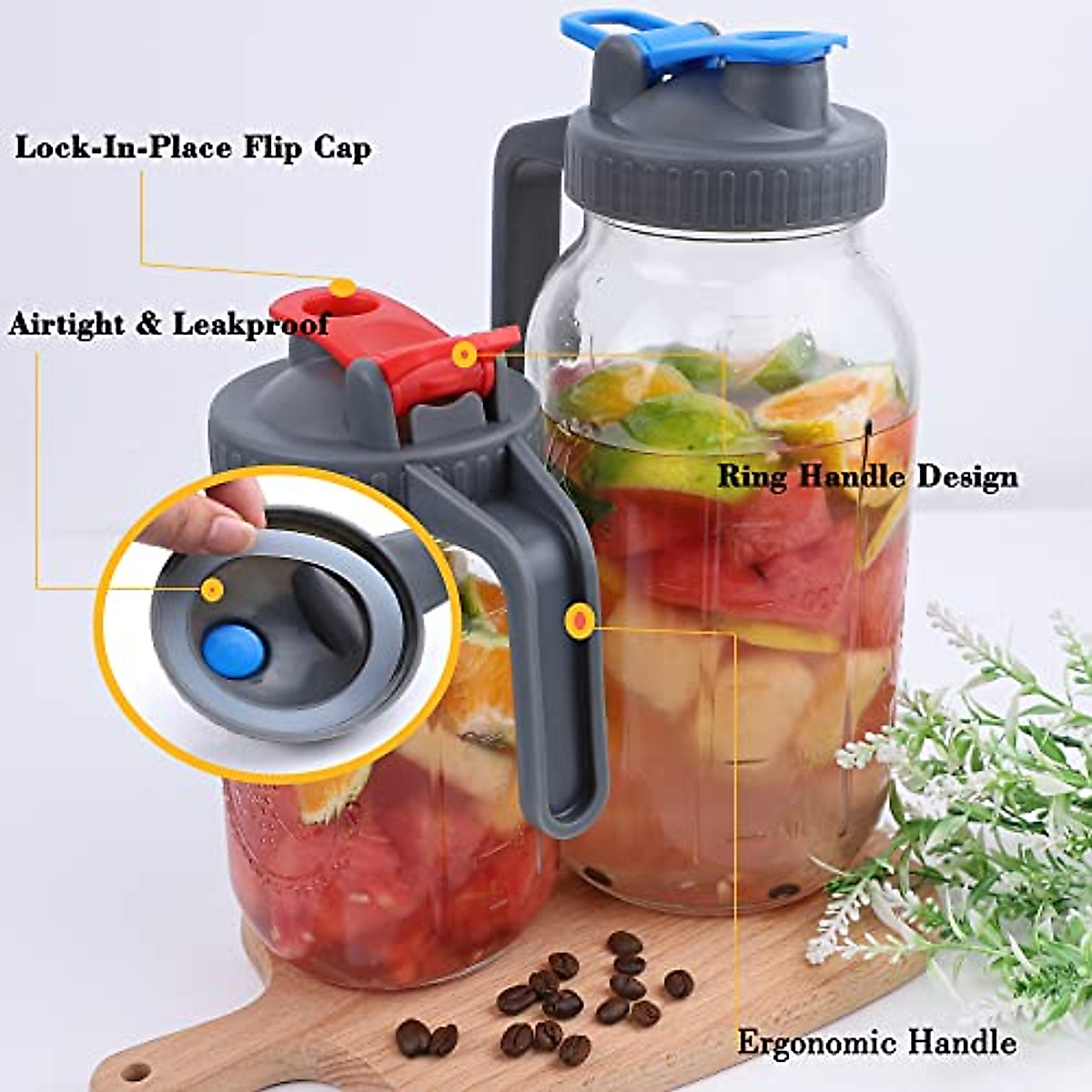 Mason Jar Lids With Pour Spout Wide Mouth Mason Jar Pitcher Lid With Handle/Flip Cap Airtight & Leak-Proof Pour Lids Turns Your Mason Jar Into Pitcher (Jar Not Included)