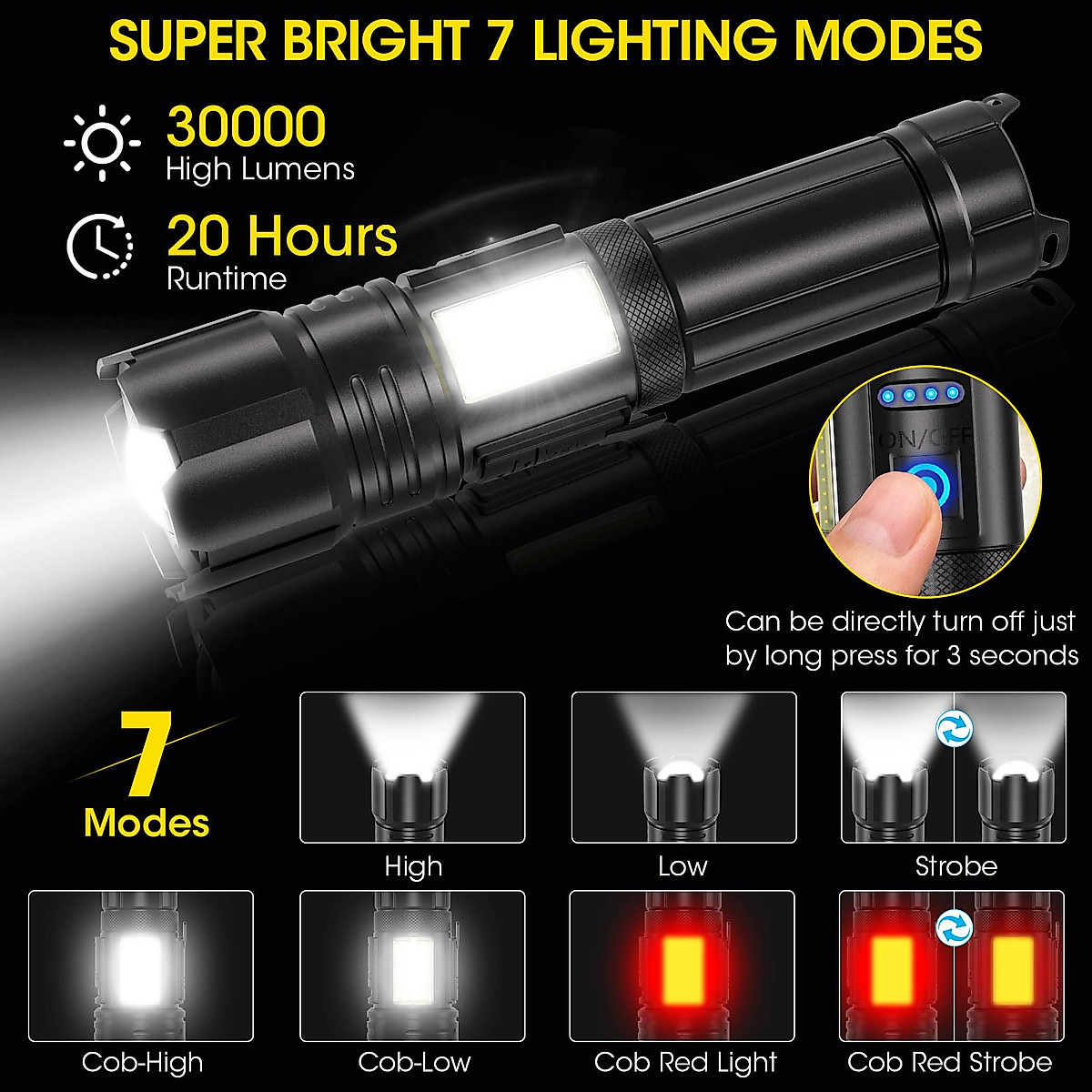 Flashlight High Lumens, Rechargeable Super Bright 30000 Lumen LED Tactical Flashlights 1800M Long Throw Spotlight with Cob Side Light,Zoomable, Waterproof Flashlight for Home Emergency Camping Search