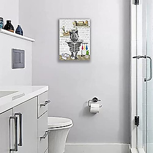Funny Bathroom Wall Art Dinosaur on Toilet Bathroom Pictures for Wall Animal Dino Bathroom Decor Canvas Print Framed Painting Artwork Bathroom Deocration Signs Ready to Hang 12x16 in