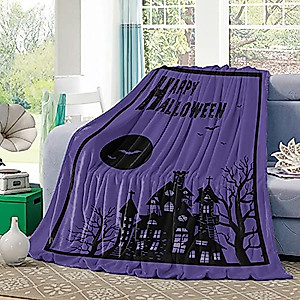 Throw Blanket- Black Haunted House Soft Warm Plush Fleece Bed Throw,50x60In Flannel Blankets Halloween Spooky Night Bedding Throws for Women/Men Bedroom Living Room Office Decor Purple