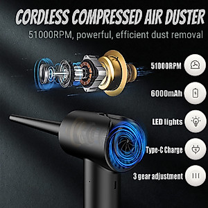 Compressed air Duster, 51000RPM Keyboard Cleaner 6000mAh Cordless Electric air Duster Reusable USB Rechargeable Keyboard Cleaning Kit is Suitable for Computer, Car, Household Dust Removal