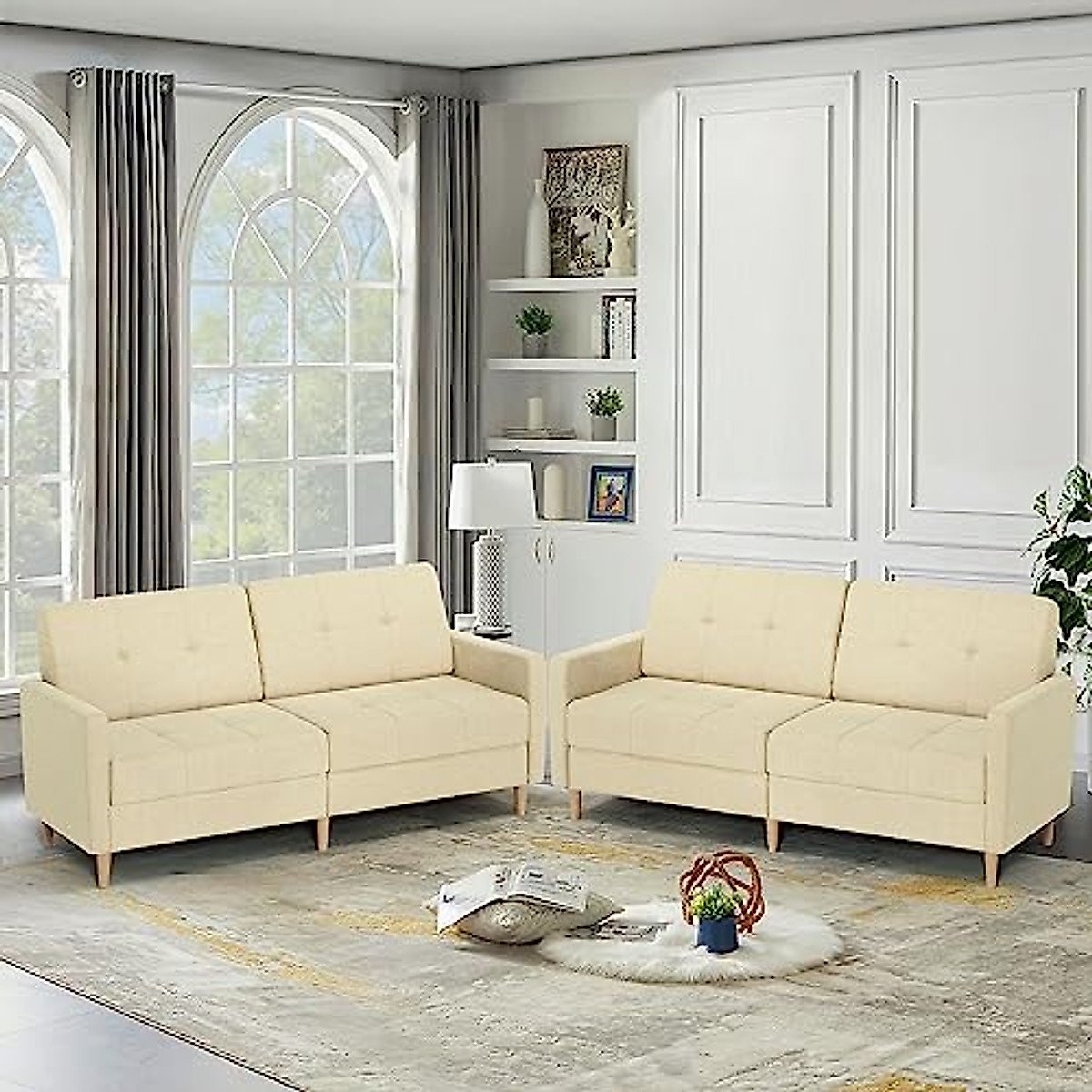 77" Modern Linen Fabric Futon Sofa Bed with Adjustable Backrest & Solid Wood Legs, Convertible Loveseat Couch Sleeper Sofabed 3 Seats Sofa for Small Space (Beige)