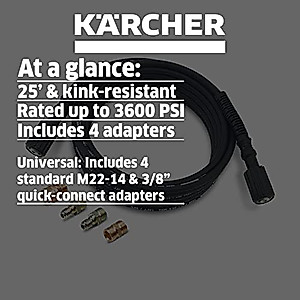 Karcher 25' High Pressure Replacement/Extension Hose for Pressure Washers - 3600 PSI - Adapters Included - Quick Connect/M22