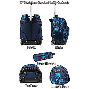 Egchescebo Kids 3PCS Rolling Backpack 18" for Boys with Lunch Bag Pencil Case School Bags Wheeled Backpack Travel Kids' Luggage Wheeled Bags Trolley Fashion Space Starry Sky Printed Durable Bookbag with Big Wheels Blue
