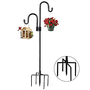 KETIEE Outdoor Shepards Hooks with 5 Prong Base, Heavy-Duty Metal Stand Pole Hanging String Lights,Multi-Function Double Shepherds Hook Garden Holder Lighting Stand for Backyard Patio Wedding