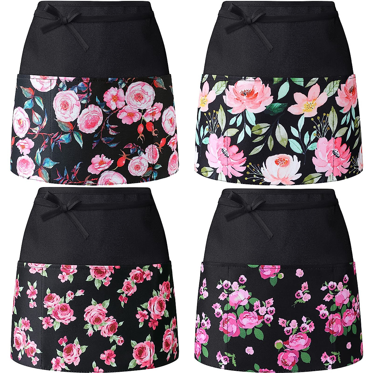 Handepo 4 Pack Teachers Waist Aprons for Women Waist Length Aprons with Pockets Design Adjustable Waist Tie Half Apron for Kitchen Garden Work