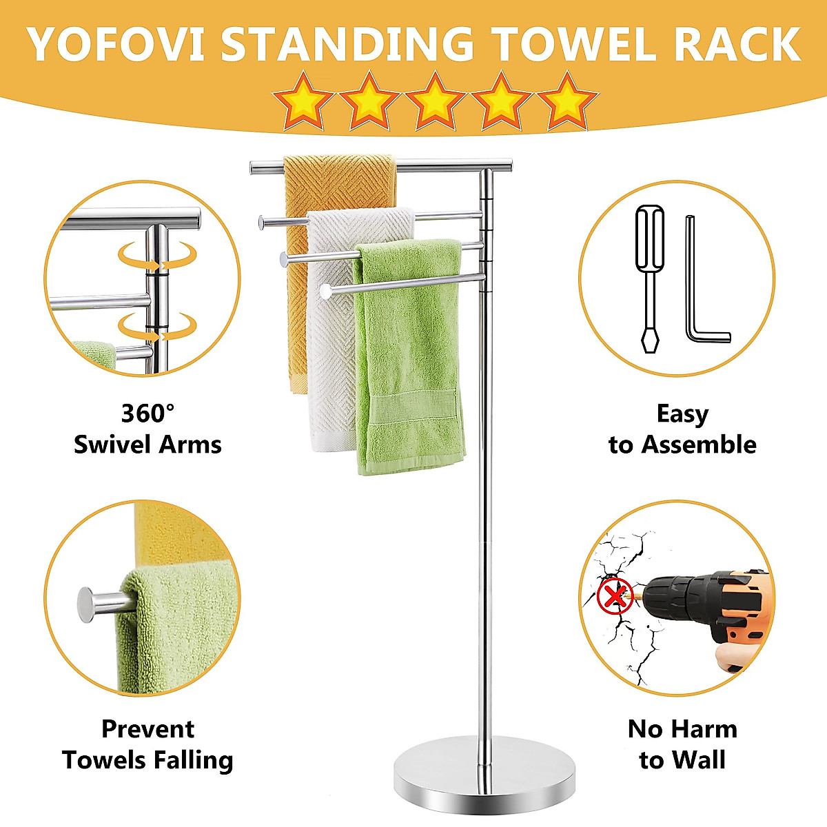 Freestanding Towel Rack, 40 Inch Tall Standing Towel Racks for Bathroom with Weighted Base, Modern Floor Towel Drying Holder Stand with 4 Swivel Arms, Stainless Steel, Chrome, YOFOVI