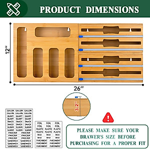 Calmbee Storage Bag Organizer and Wrap Dispenser with Cutter, 9 IN 1 Bamboo Foil and Plastic Wrap Organizer for Kitchen Drawer, Plastic Bag Organizer for Gallon, Quart, Sandwich, Snack